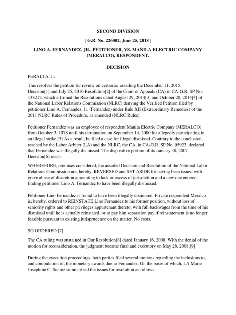 Lino Fernandez Vs Meralco | PDF | Employment | Injunction