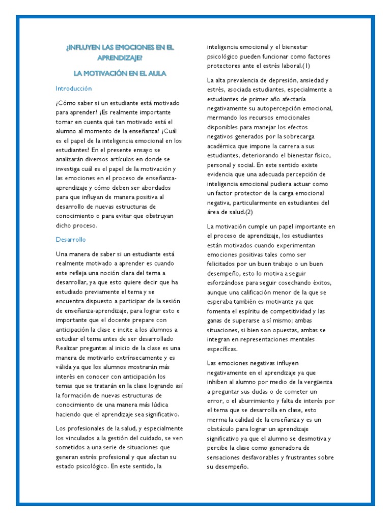 Influyen Las Emociones En El Aprendizaje Pdf Las Emociones Estrés