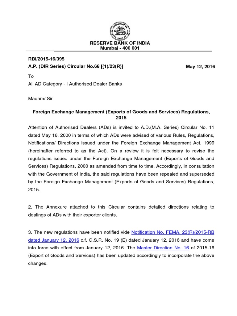 Foreign Exchange Management (Exports of Goods and Services) Regulations ...