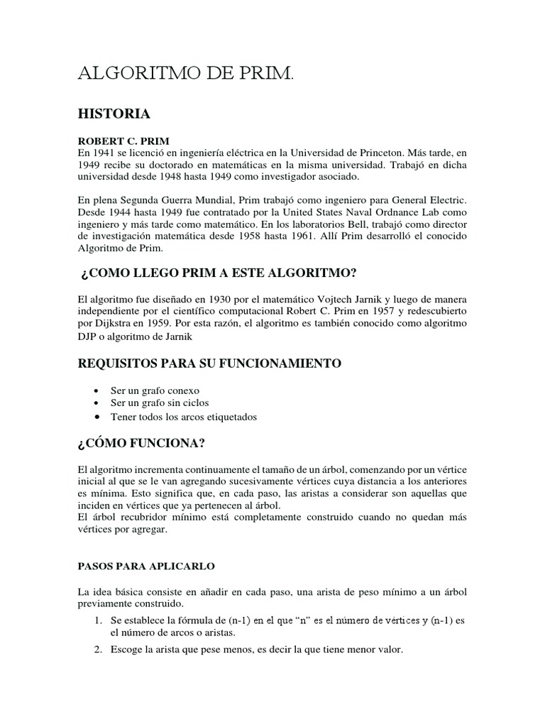 Algoritmo de Prim: Historia y Funcionamiento | PDF | Informática ...