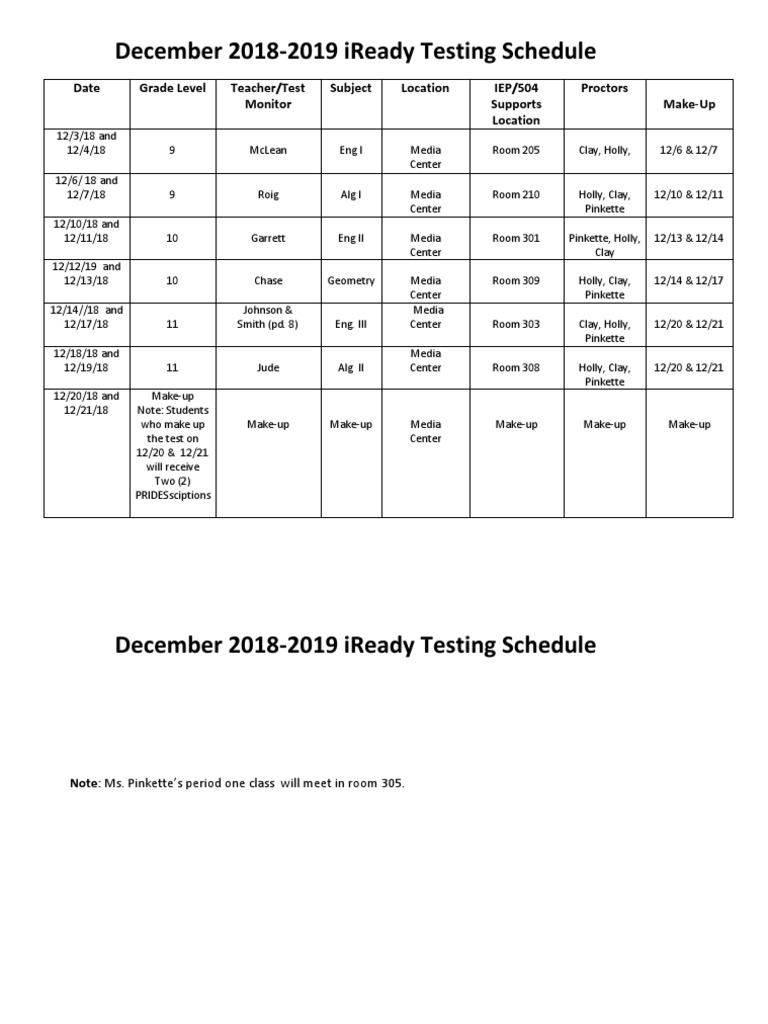 December 2018-2019 iReady Test Schedule | PDF