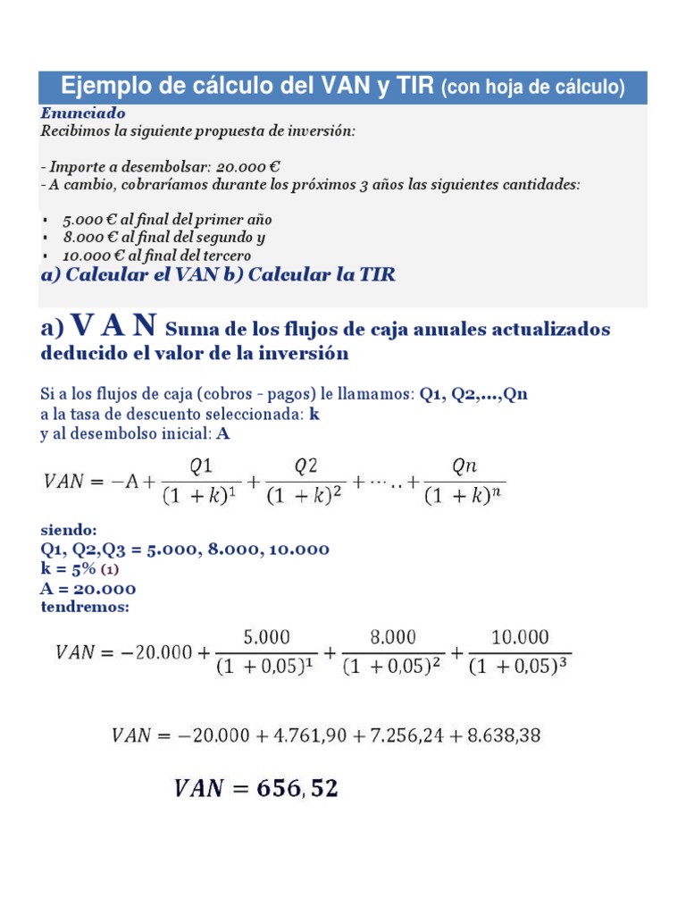 Ejemplo de Cálculo Del VAN y TIR | Hoja de cálculo | Valor presente neto