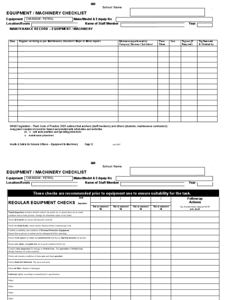 Equipment Maintenance Checklist Template | PDF | Mechanical Engineering ...