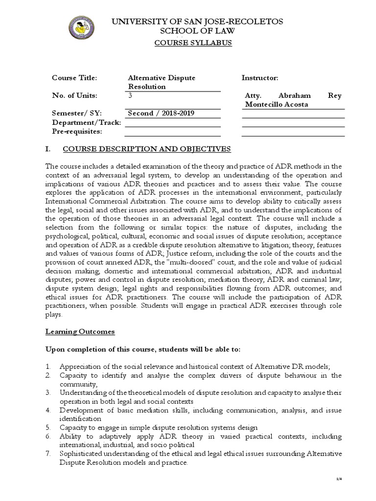 Usjr ADR Syllabus 2018 | PDF | Alternative Dispute Resolution | Dispute Resolution