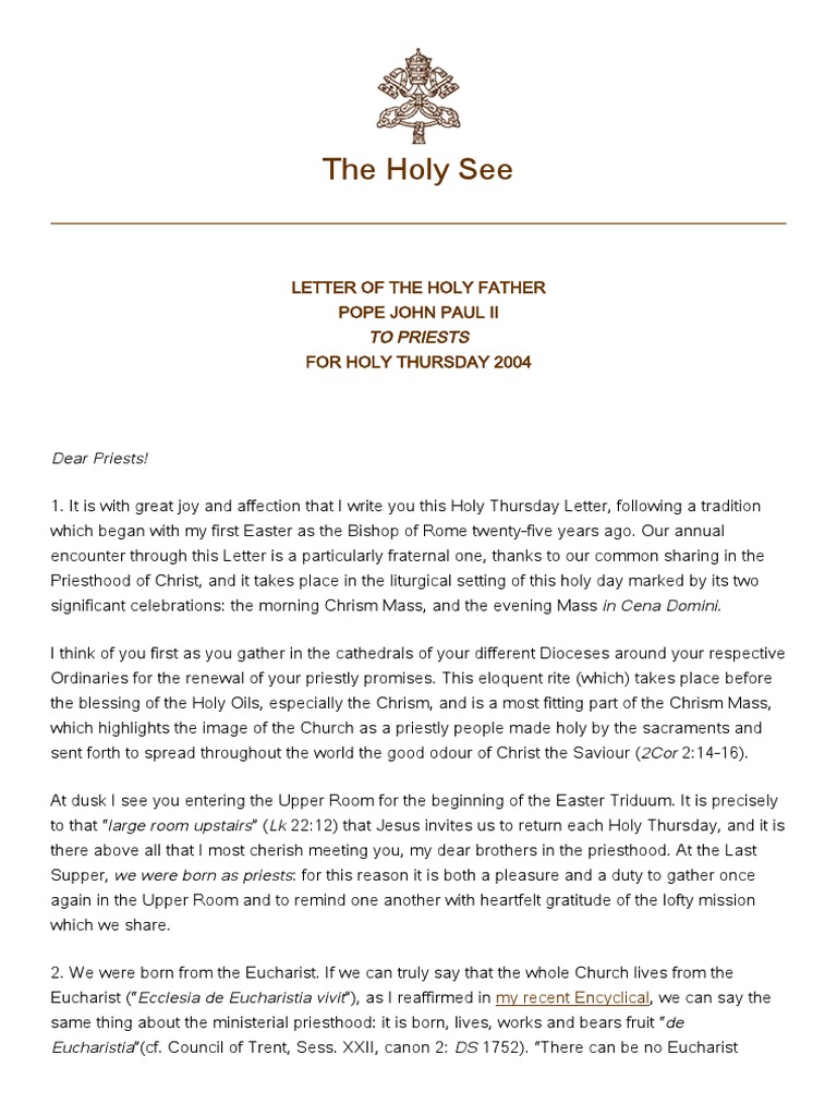 The Holy See: Letter of The Holy Father Pope John Paul Ii To Priests ...
