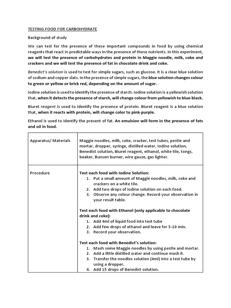 Testing Food For Carbohydrates, Protein and Fat | PDF | Carbohydrates ...