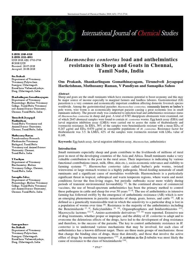 Haemonchus Contortus Load and Anthelmintics Resistance in Sheep and ...