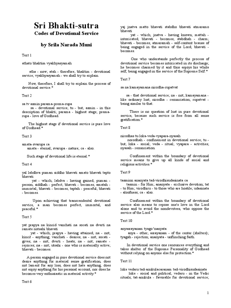 Sri Bhakti-Sutra: Codes of Devotional Service by Srila Narada Muni | PDF | Bhakti | Indian Religions