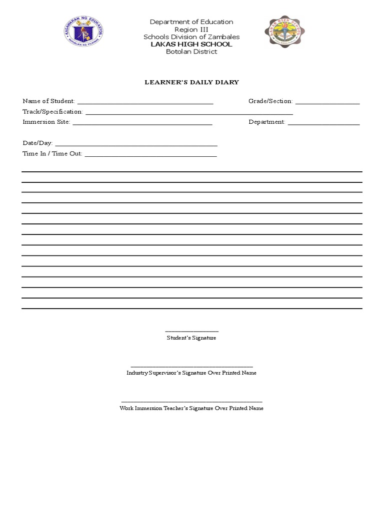 Learner's Daily Diary from Lakas High School in Botolan District ...
