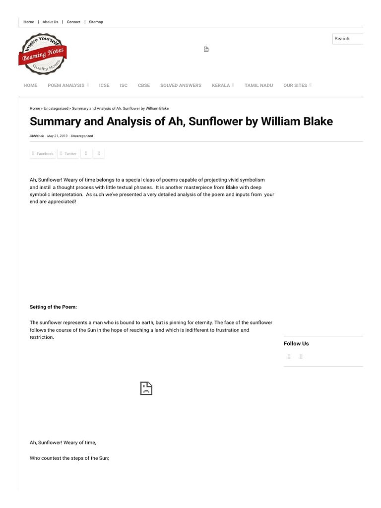 Summary and Analysis of Ah, Sunflower by William Blake - Beaming Notes ...