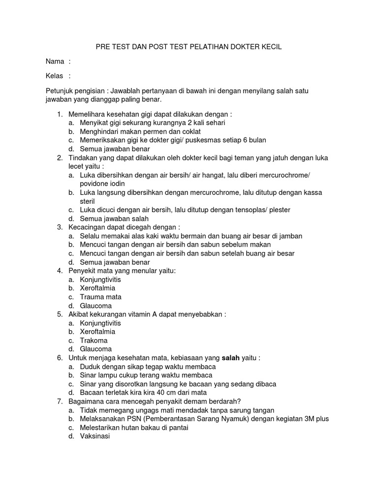 Pre Test Dan Post Test Pelatihan Dokter Kecil | PDF