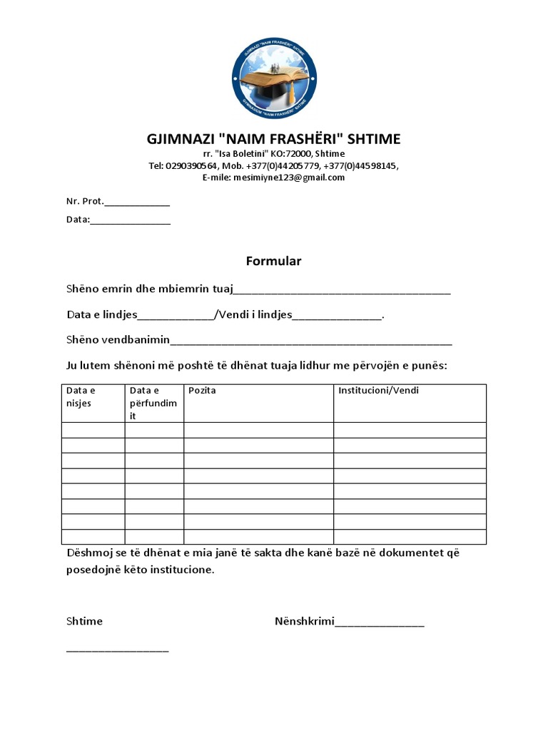 Formular Përvoja e Punës | PDF