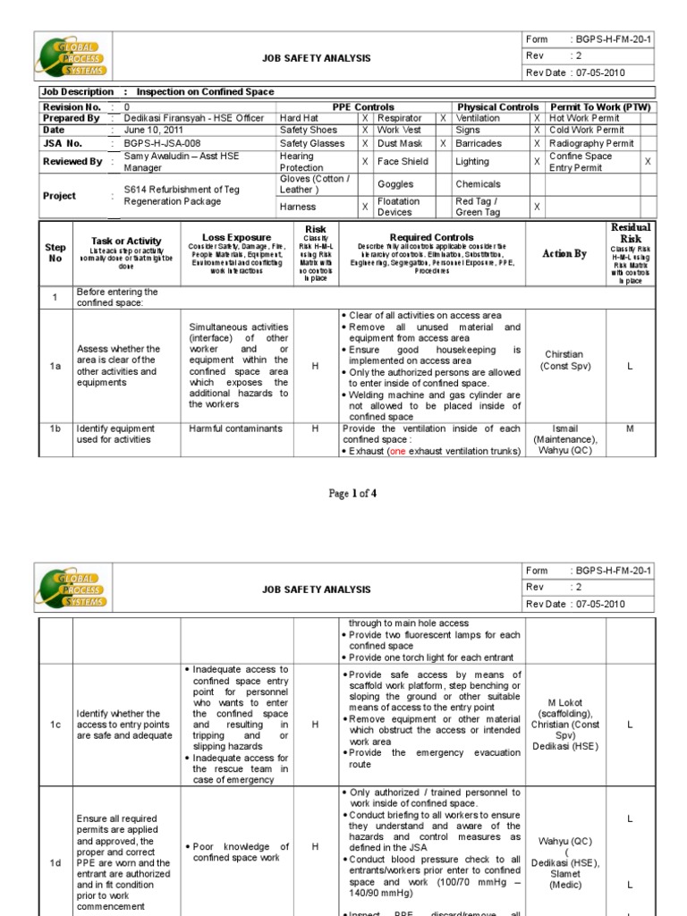 Bgps H Jsa 008 Jsa Confined Space | PDF | Personal Protective Equipment ...