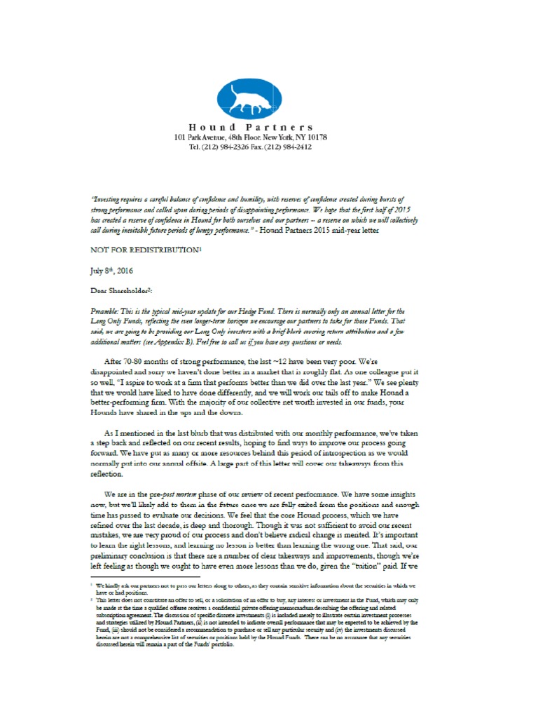 Hound Partners 2016 Q2 Shareholder Letter | PDF | Business