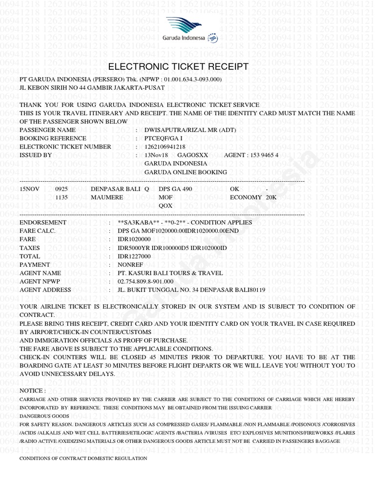 Garuda Indonesia Electronic Ticket Receipt | PDF | Aviation | Business