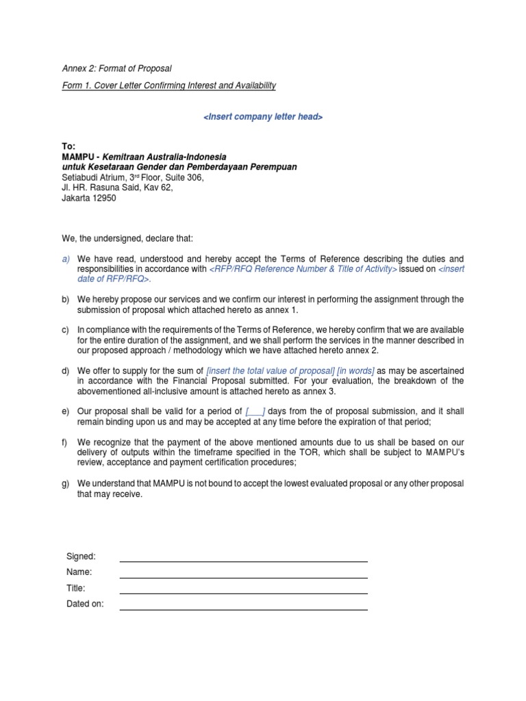 Annex 2: Format of Proposal Form 1. Cover Letter Confirming Interest ...