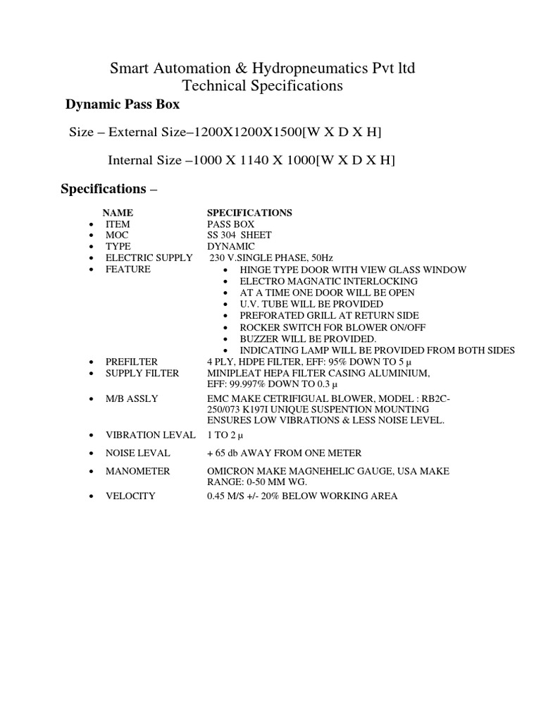 Dynamic Pass Box - Technical Specifications | PDF