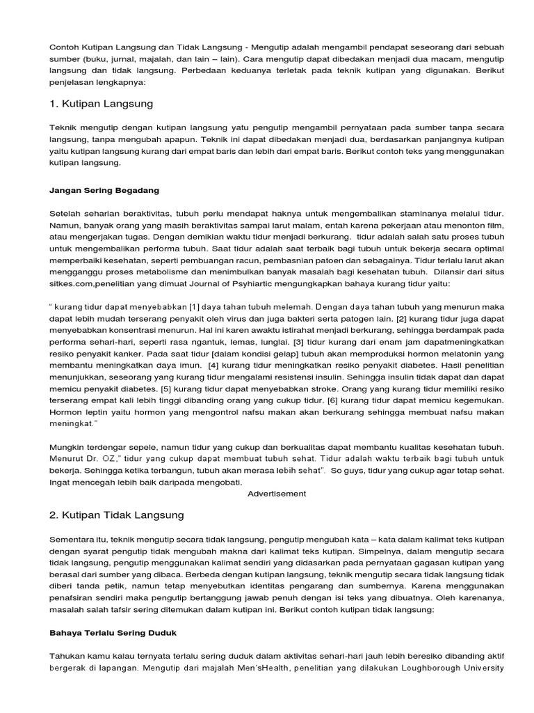 Contoh Kutipan Langsung Dan Tidak Langsung | PDF