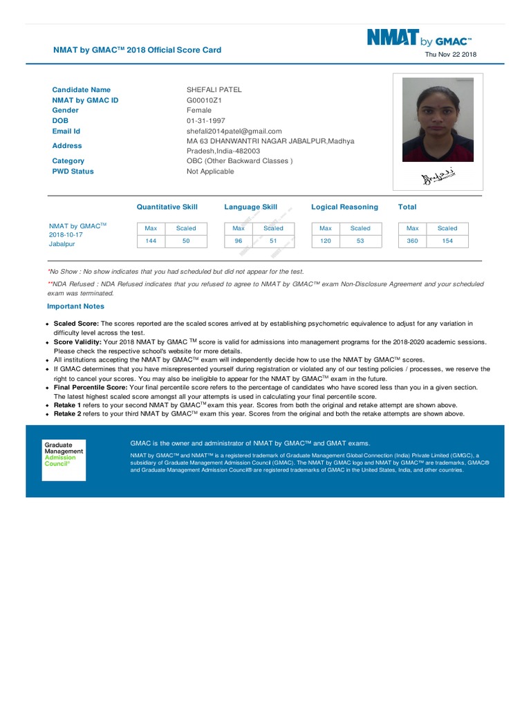 NMAT by GMAC 2018 Score Card Details | PDF | Graduate Management ...