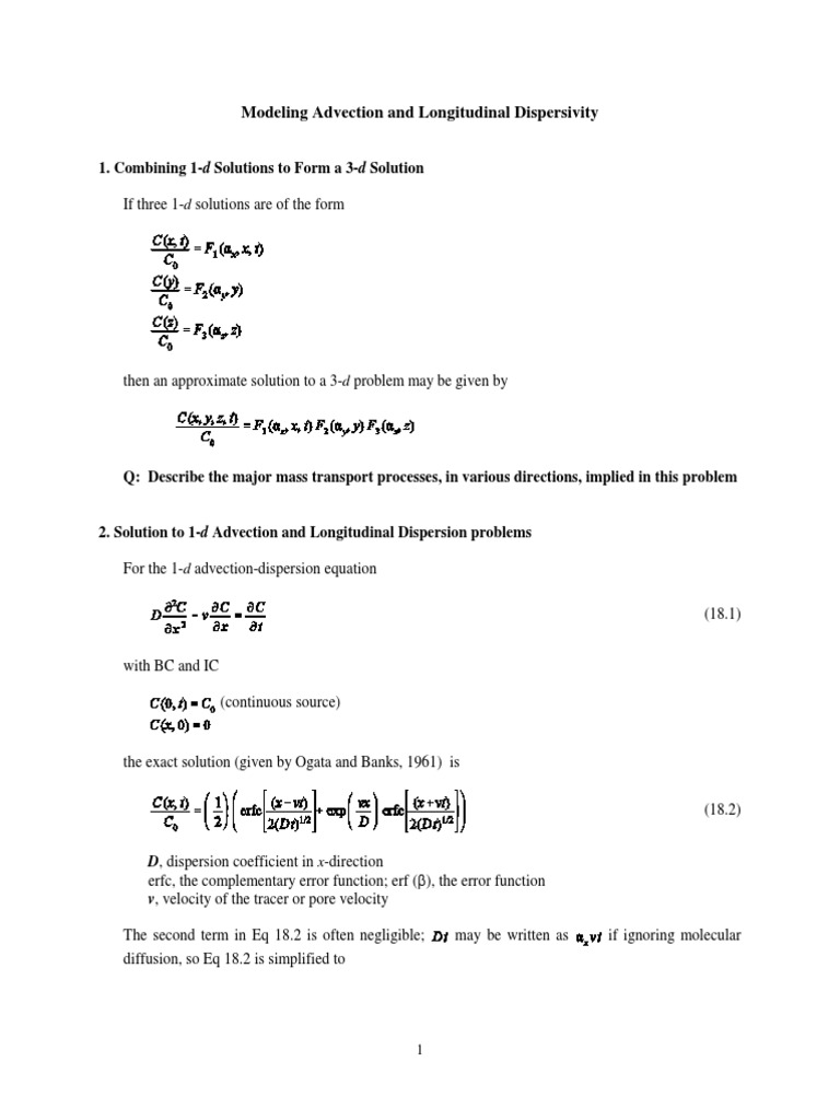Modeling Advection and Longitudinal Dispersivity: 1. Combining 1-d ...