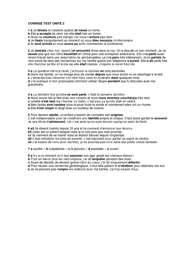 Corrigé Test Unité 2 B1 | PDF