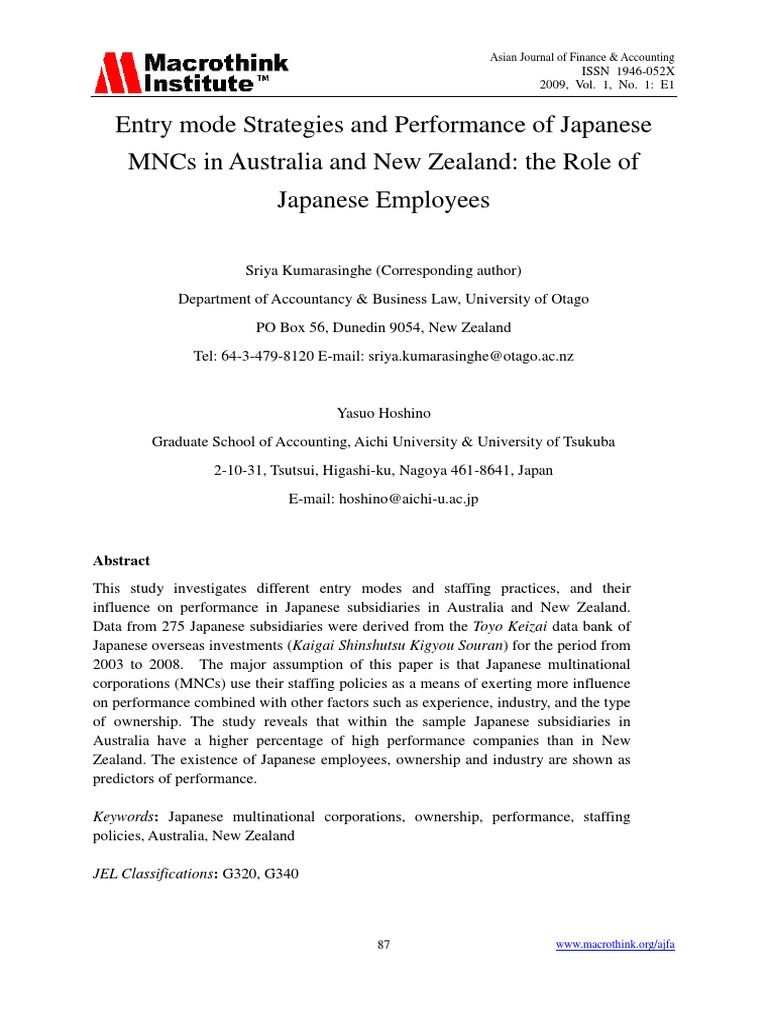 Entry Mode Strategies and Performance of Japanese Mncs in Australia and ...