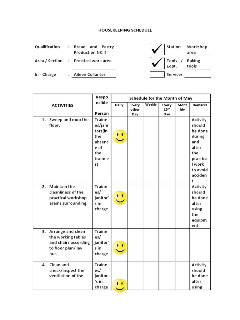 Housekeeping Schedule: Daily Every Other Day Every 15 Day Mont Hly ...