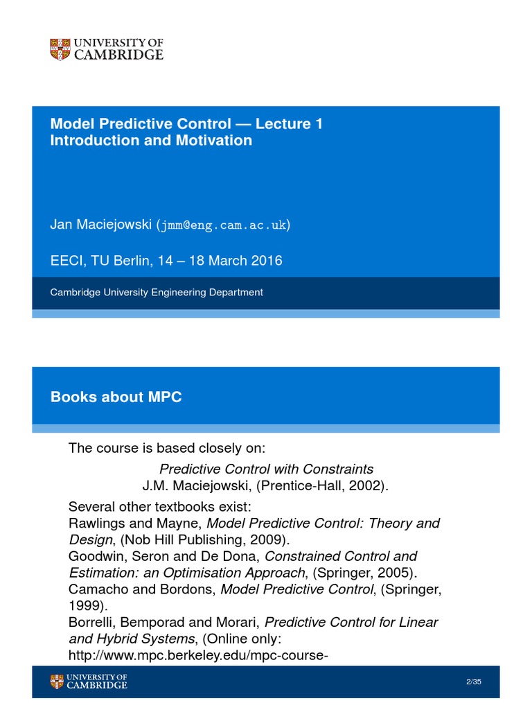 Model Predictive Control Lecture Handouts by Jan Maciejowski | PDF ...