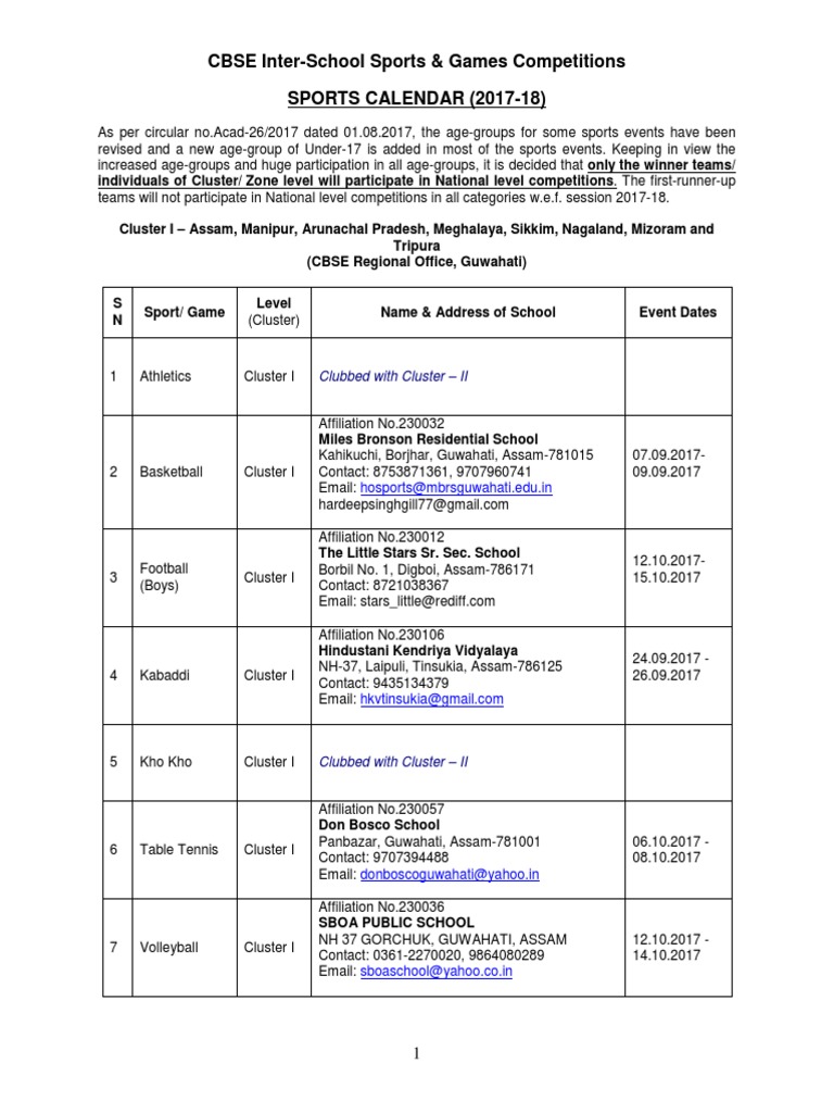 CBSE Sports Calendar (2017-18) 23.10.2017 | PDF | South Asia | Sports