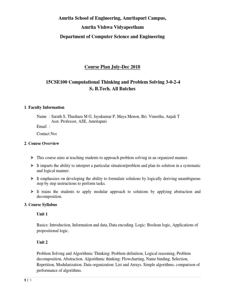 15cse100 Computational Thinking And Problem Solving Course Plan Pdf