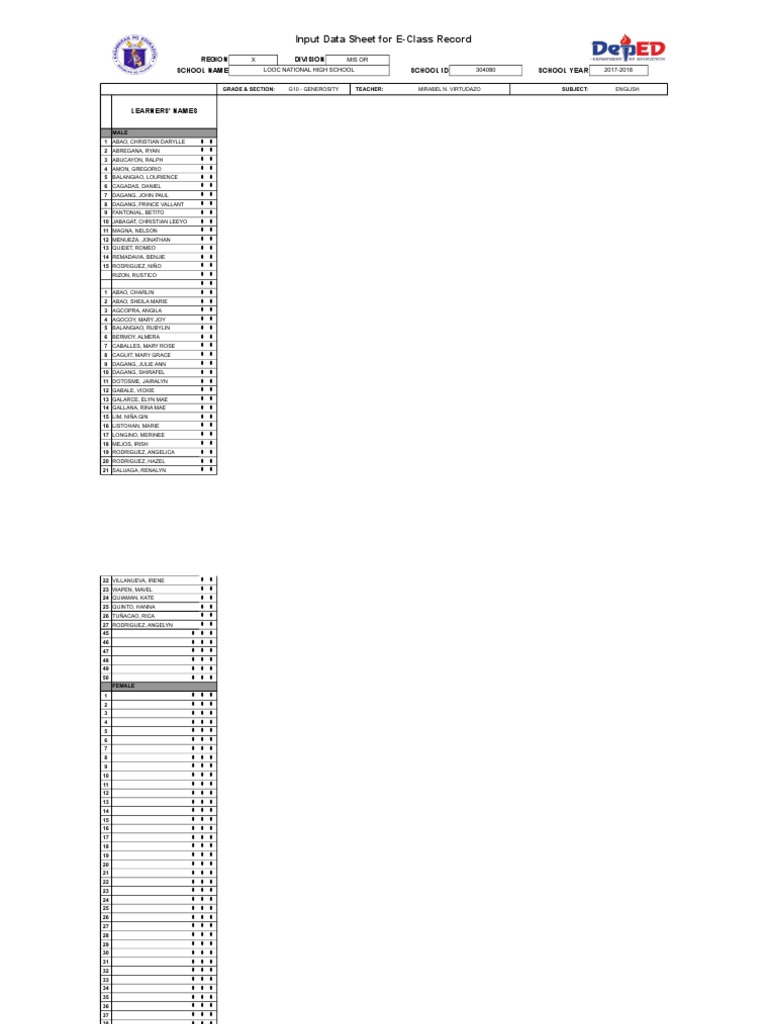 Class Record for Grade 10 Section Generosity at Looc National High School for the 2017-2018 ...