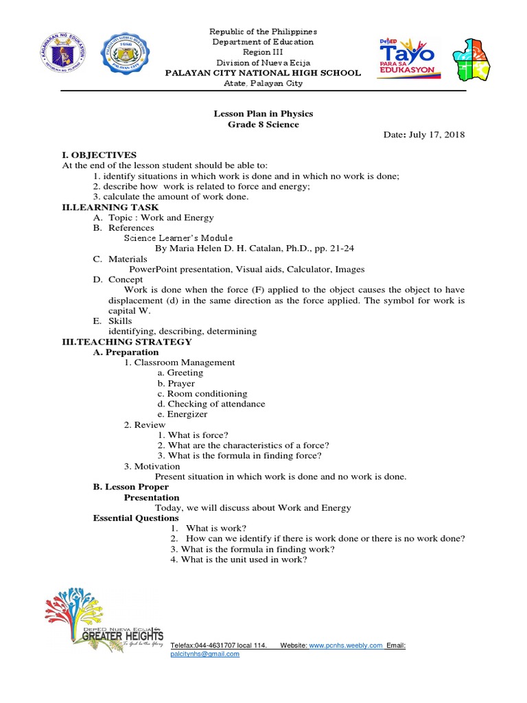 Lesson Plan in Physics Grade 8 | PDF | Lesson Plan | Force