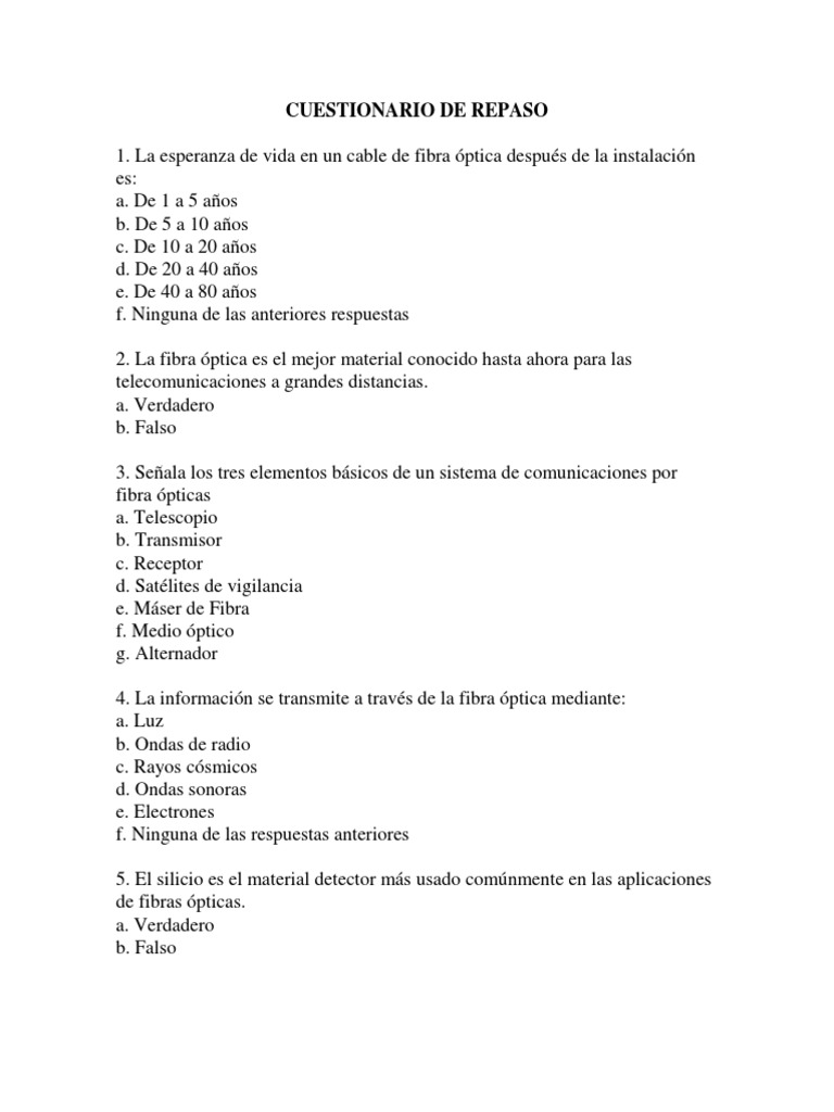 Cuestionario sobre Fibra Óptica | PDF