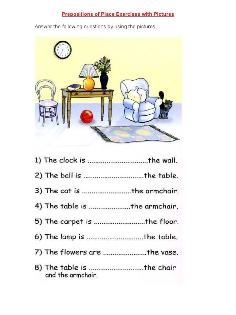 Prepositions of Place Exercises with Pictures | PDF