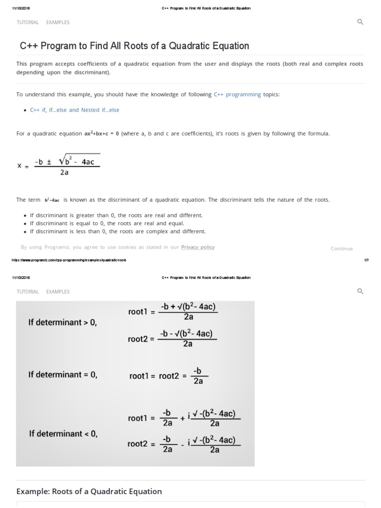 C++ Program To Find All Roots of A Quadratic Equation | PDF | Quadratic ...