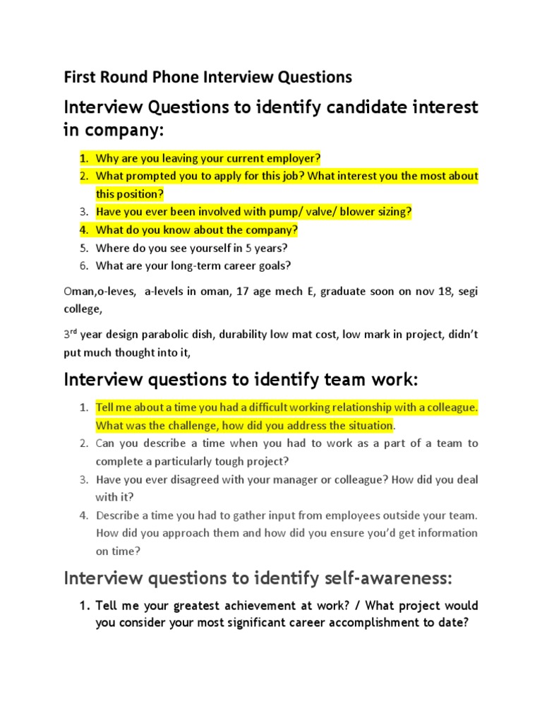 First Round Phone Interview Questions | PDF | Cognition | Behavioural ...