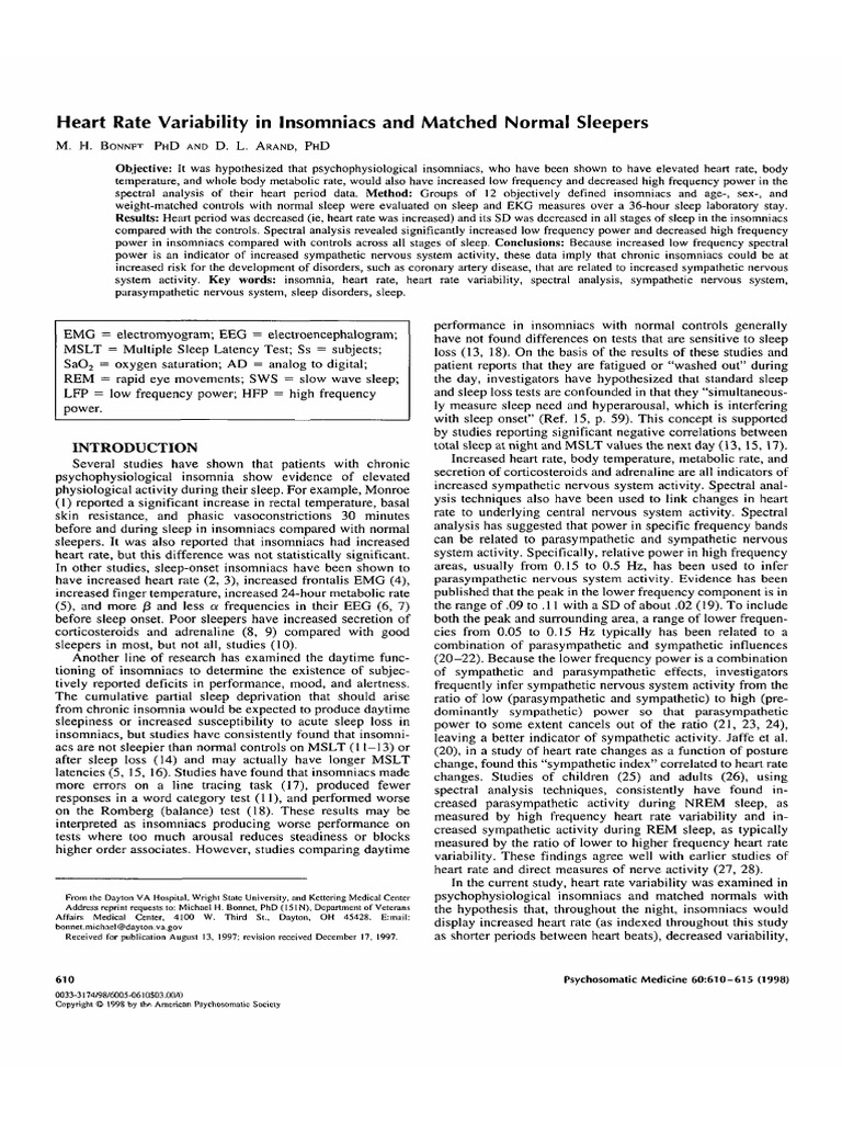 Heart Rate Variability in Insomniacs and Matched Normal Sleepers | PDF ...