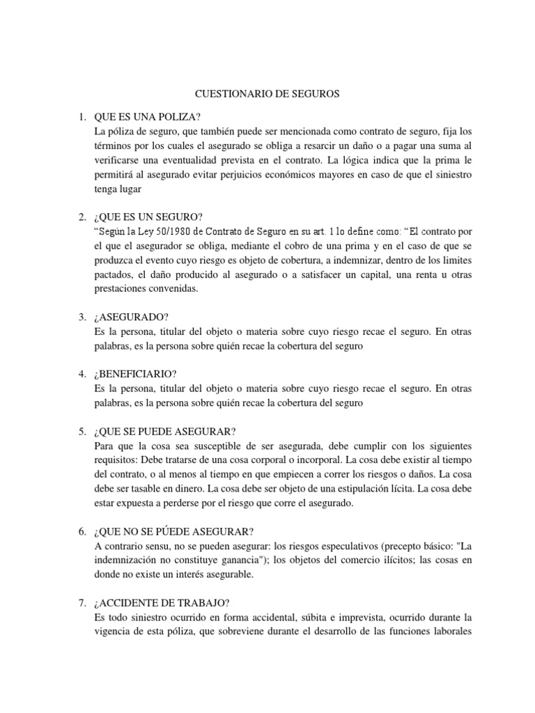 Cuestionario de Seguros | PDF | Póliza de seguros | Seguro