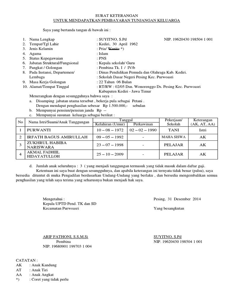 Model DK (Surat Keterangan) Tunjangan Gaji | PDF