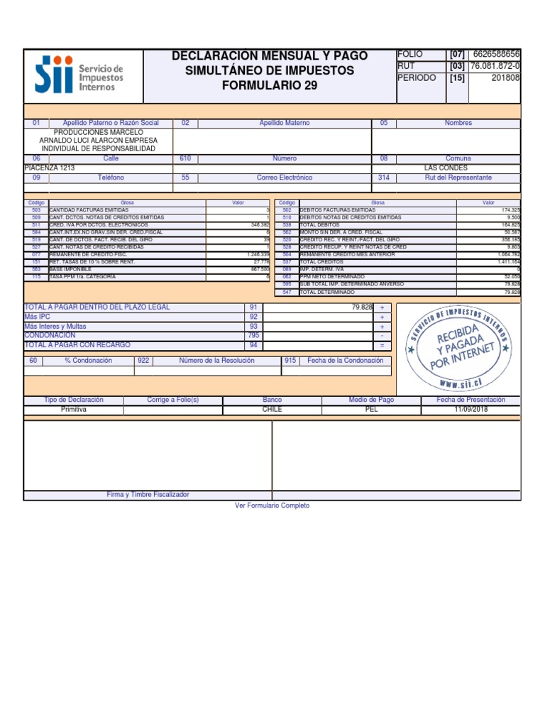 Declaración Mensual Y Pago Simultáneo de Impuestos Formulario 29 | PDF