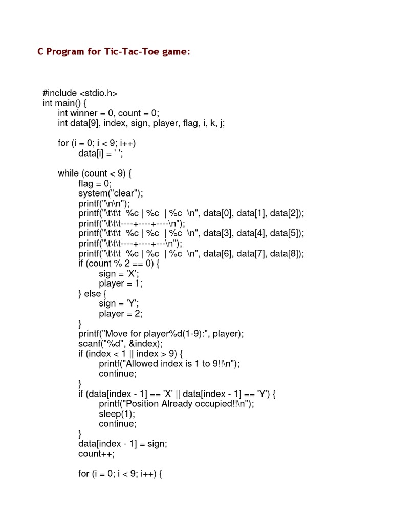 C Program To Implement Tic Tac Toe Game Logic And Display Board With Winning Conditions Pdf 