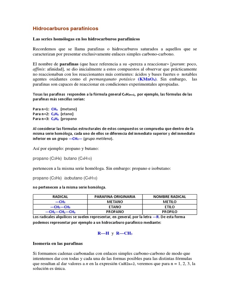 Hidrocarburos Parafínicos: Estructura y Reacciones | PDF | Redox | Alcano