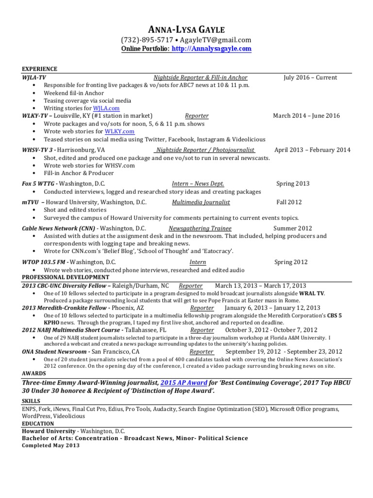 Anna-Lysa Gayle's Updated Resume | PDF | News Broadcasting | Cnn