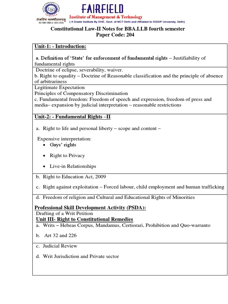 Constitutional Law-II Notes For BBA - LLB | PDF | Constitution | Human ...