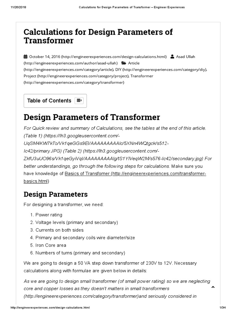 Transformer Design Parameter Calculations | PDF | Transformer | Electricity