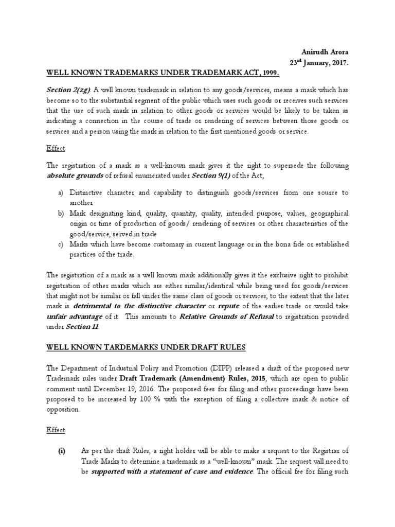 Well-Known TM Under Draft Trademark (Amendment) Rules, 2015 | Download ...