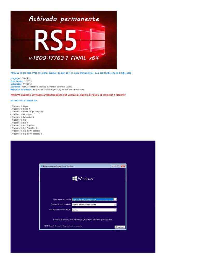 Sistema Operativo - Windows 10 Rs5 1809.17763.1 Preactivado (x64) (Spanish) (Octubre 2018) (Du y ...