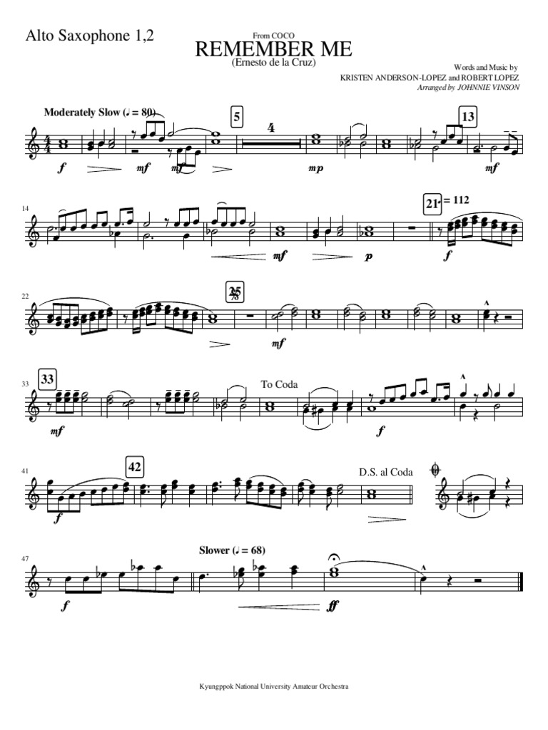 REMEMBER ME From Coco-Alto Saxophone 1,2 | Leisure