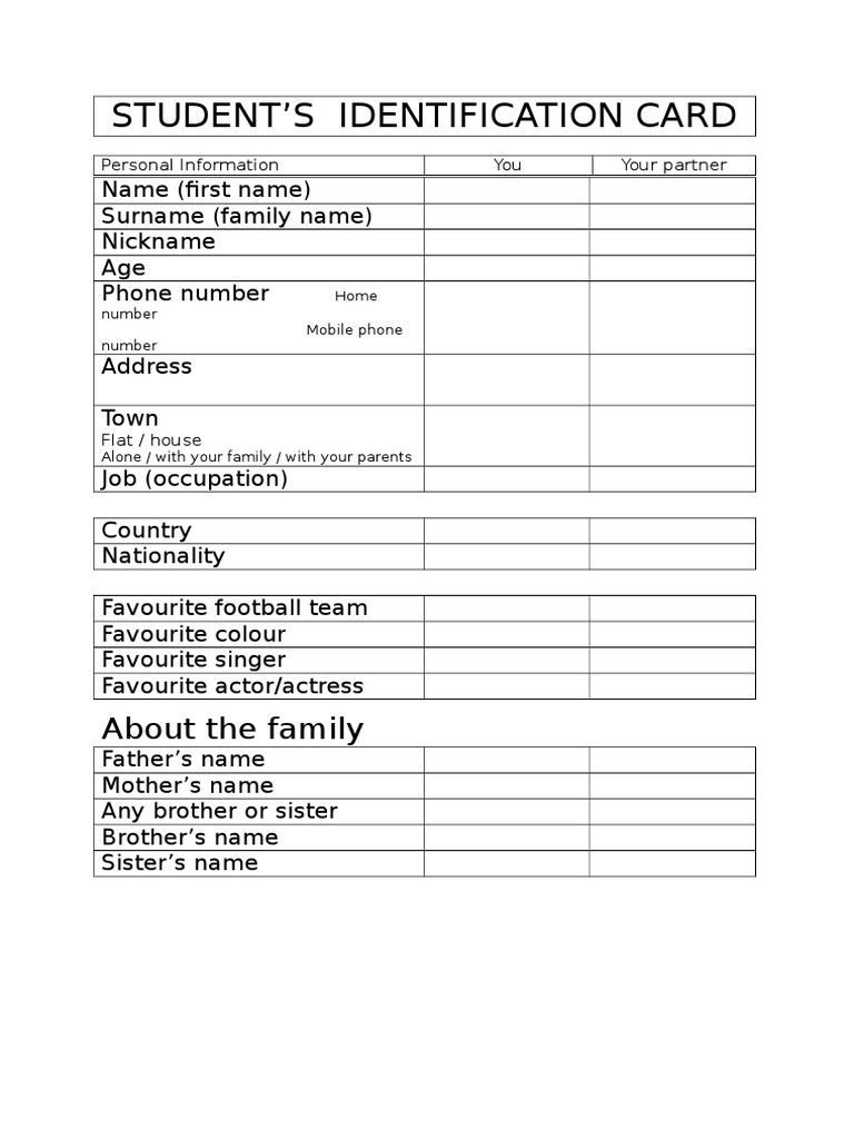Personal Details and Family Information: A Student Identification Card | PDF