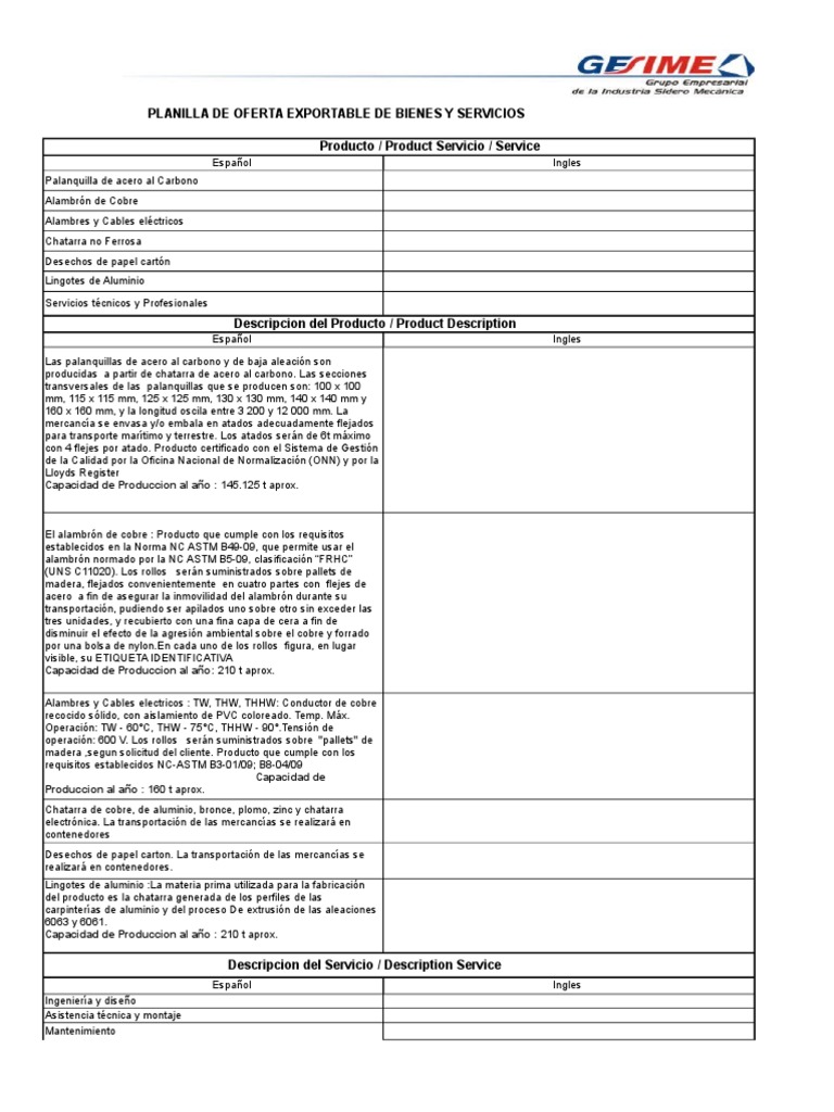 Planilla de Oferta Exportable 2018 | PDF | Aluminio | Cobre